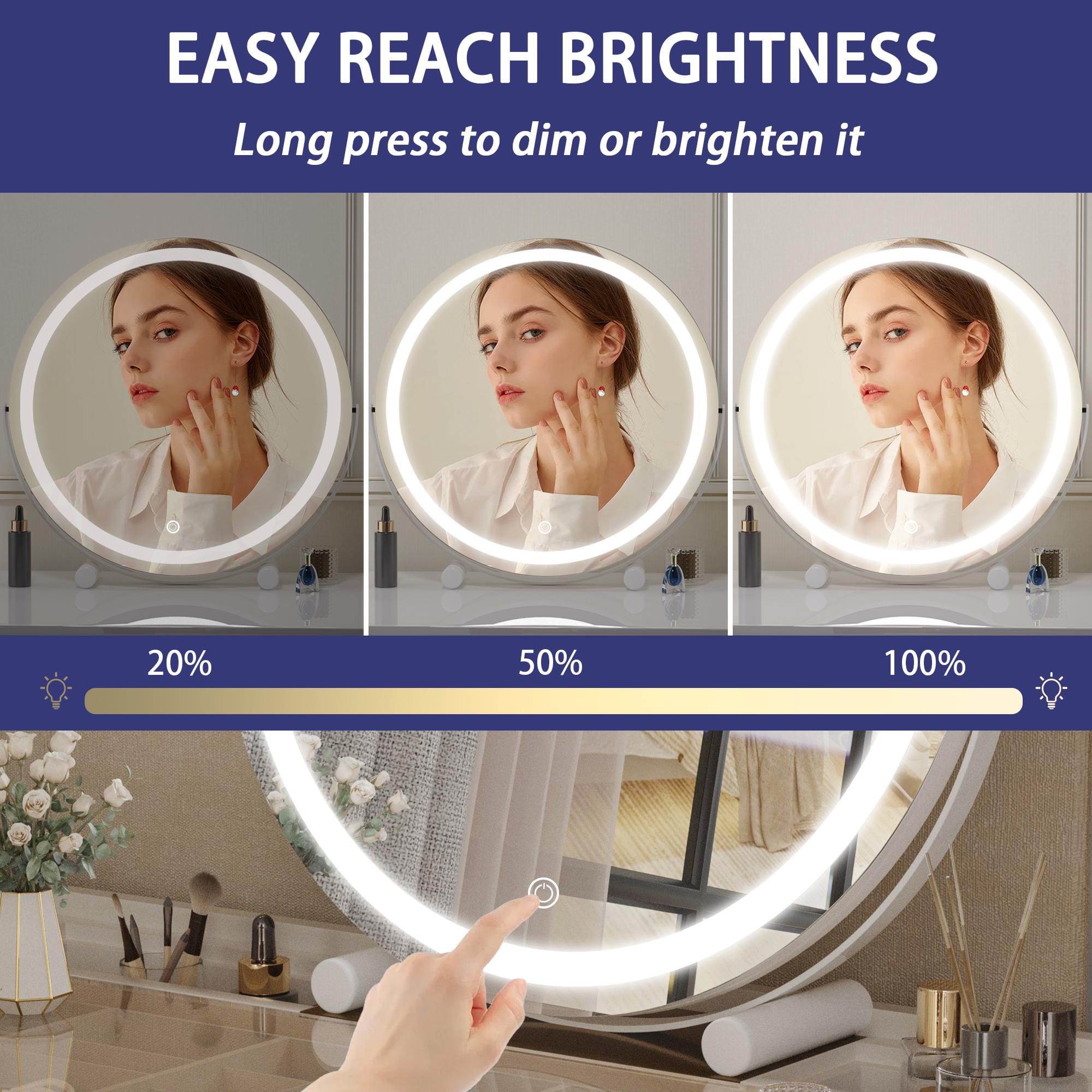 Hasipu Vanity Mirror with Lights, LED Lighted Smart Touch Control 3 Colors Dimmable Round Mirror ...