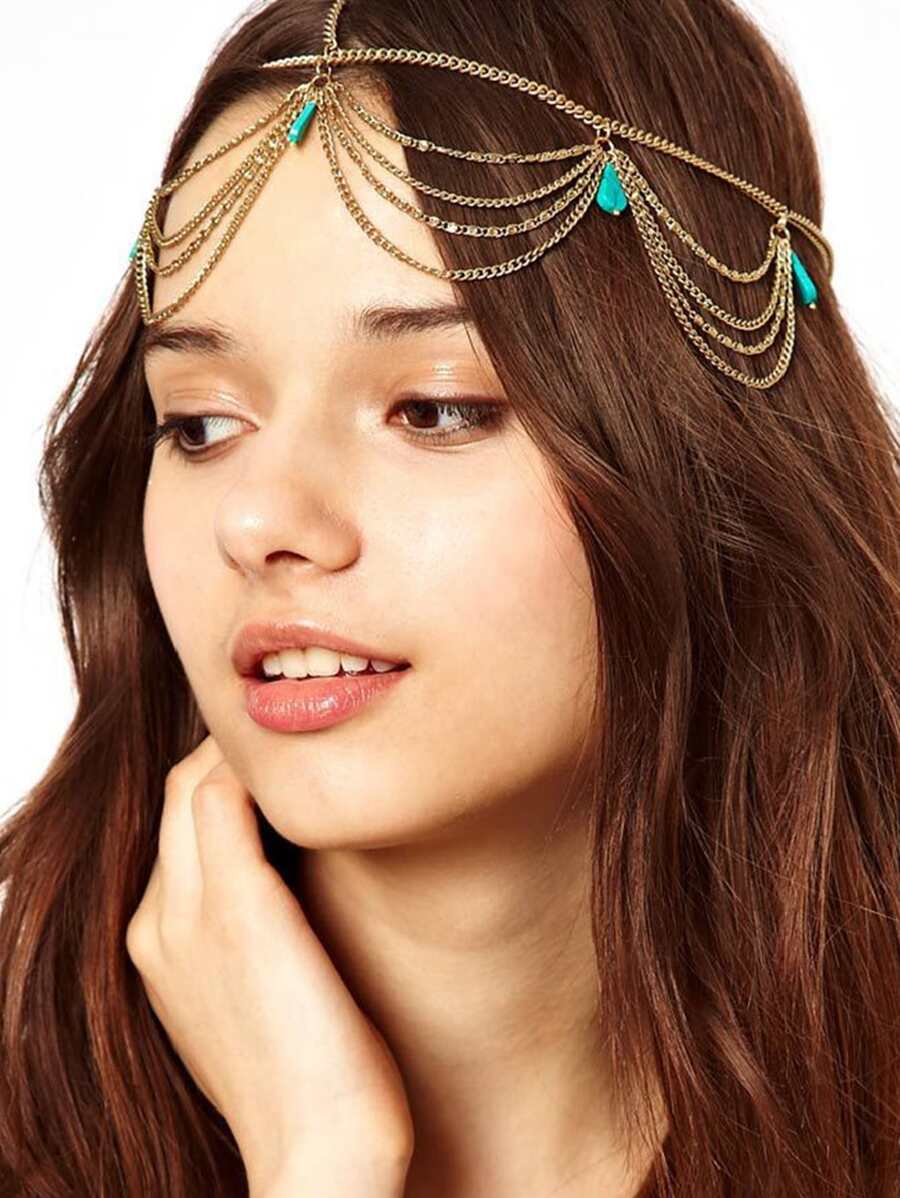 1pc Women's Multilayer Turquoise Beaded Head Chain For Elegant ...