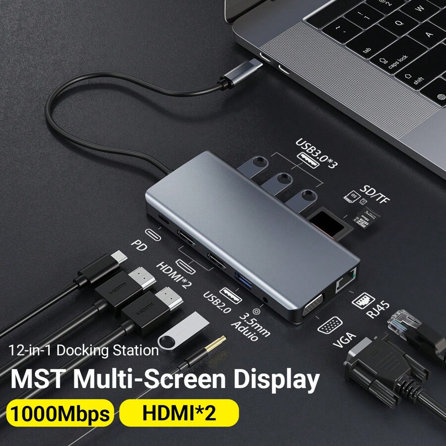 12 in 1 USB C Hub Laptop Docking Station USB Type C Dock with 4K Dual ...