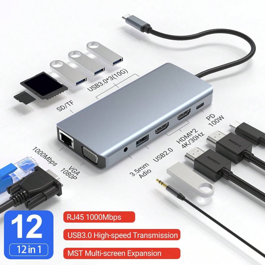 12 in 1 USB C Hub Laptop Docking Station USB Type C Dock with 4K Dual ...