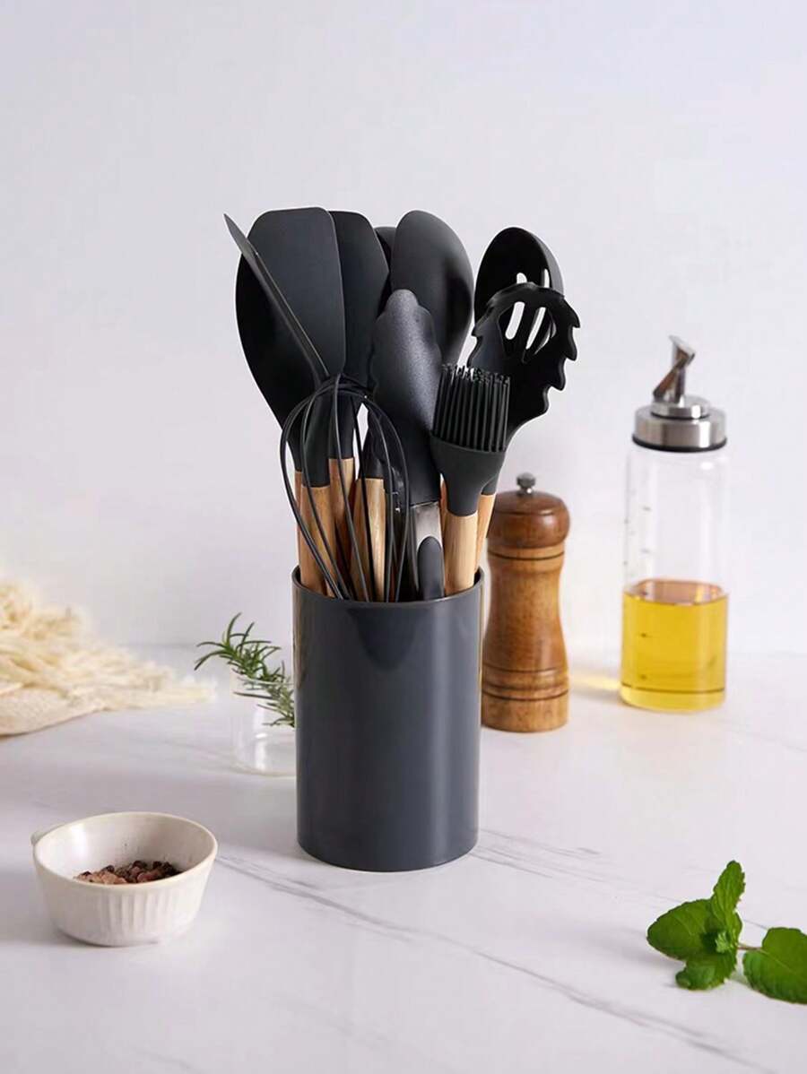 12 Pieces Kitchen Utensils With Buckets Wooden Handle Storage Buckets ...