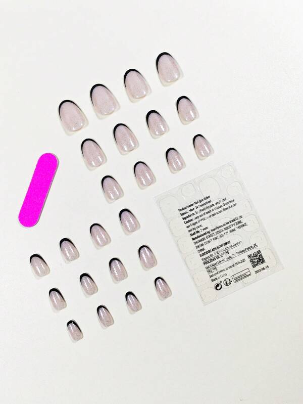 24pcs Short Round False Nails French Style Black Edge Nail Tips Set ...