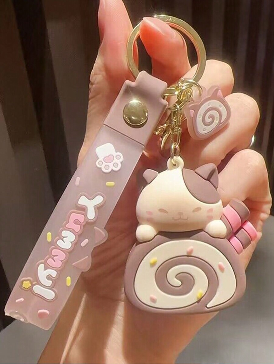 1pc Women's Cute Cartoon Cat & Coffee Brown Cake Roll Shaped Keychain ...