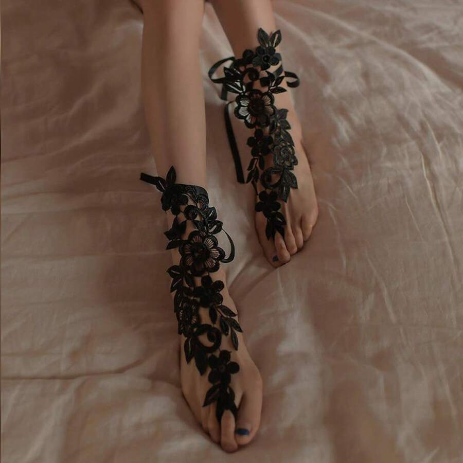 1Pair Sexy Lace Embroidery Anklet with Toe Ring Floral Bridal Barefoot ...