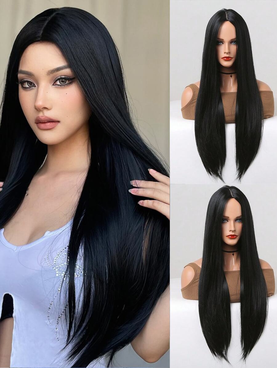 Black Long Straight Synthetic Wig for Women Middle Part Hairline ...