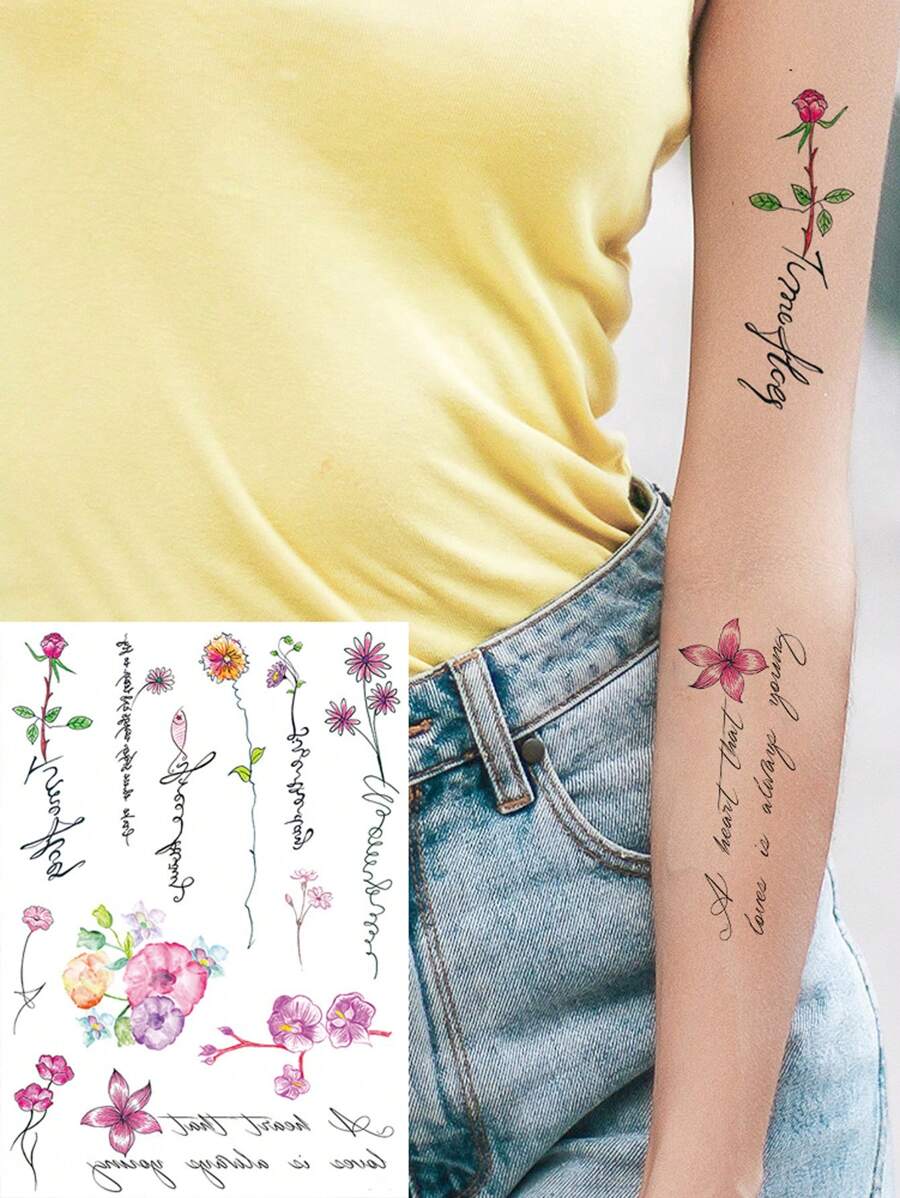 1 Sheet Small Flower Tattoo Sticker for Hand, Realistic Flora Fish ...
