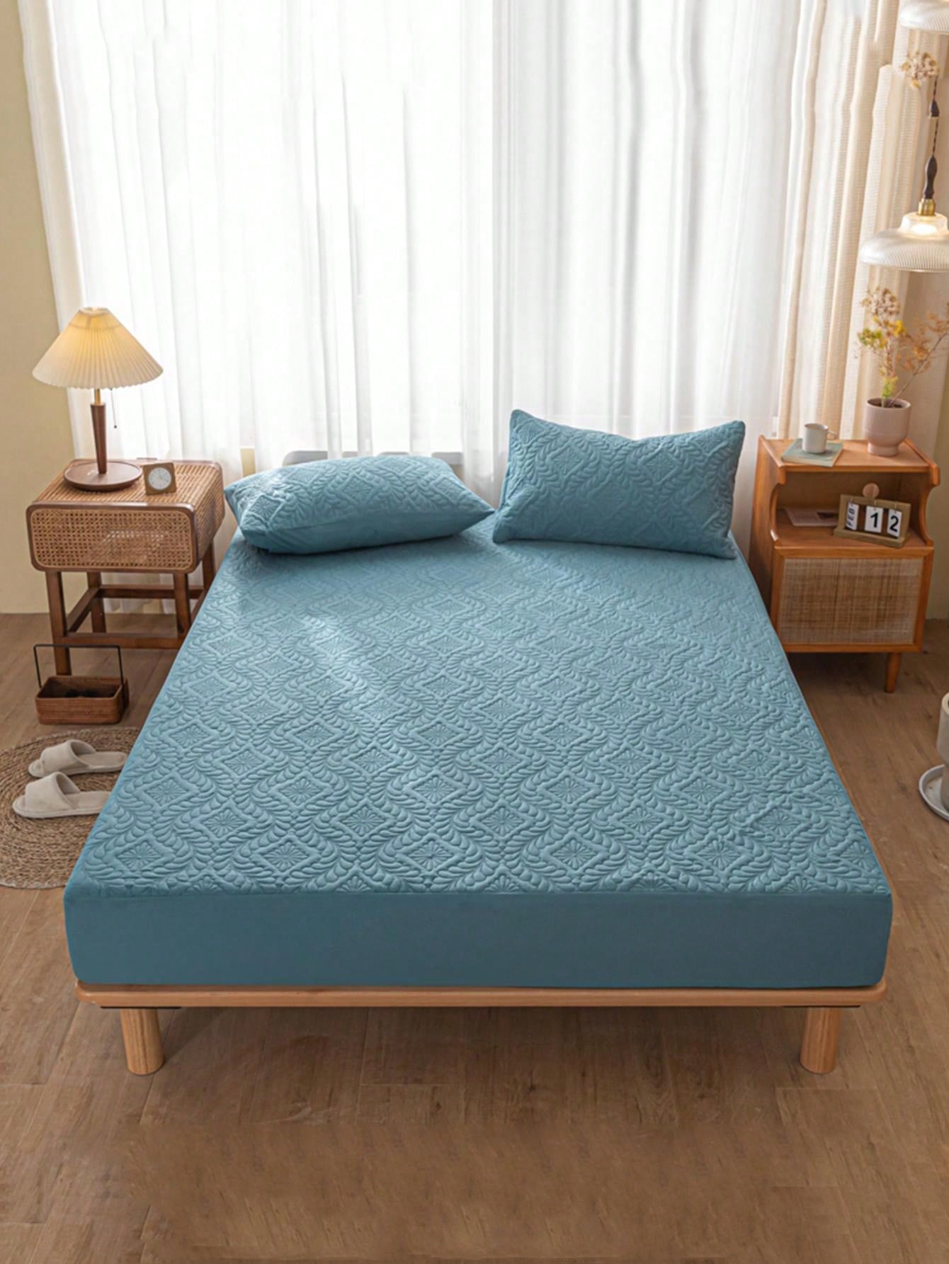 3pcs Solid Color Waterproof Fitted Sheet With 3d Embossed Pattern ...