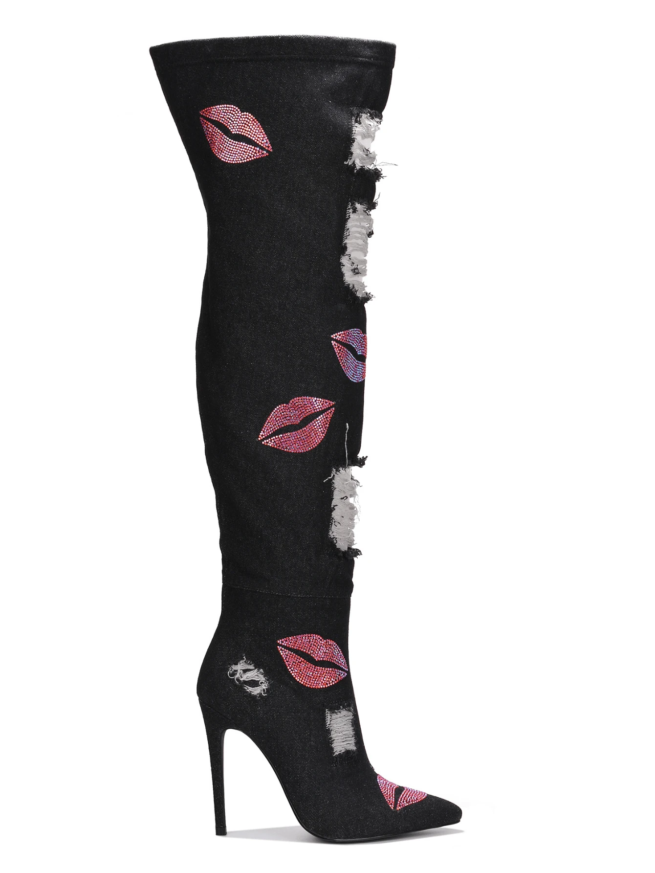 Cape Robbin Barlan Women's Rhinestone Lips Thigh High Denim Boots ...