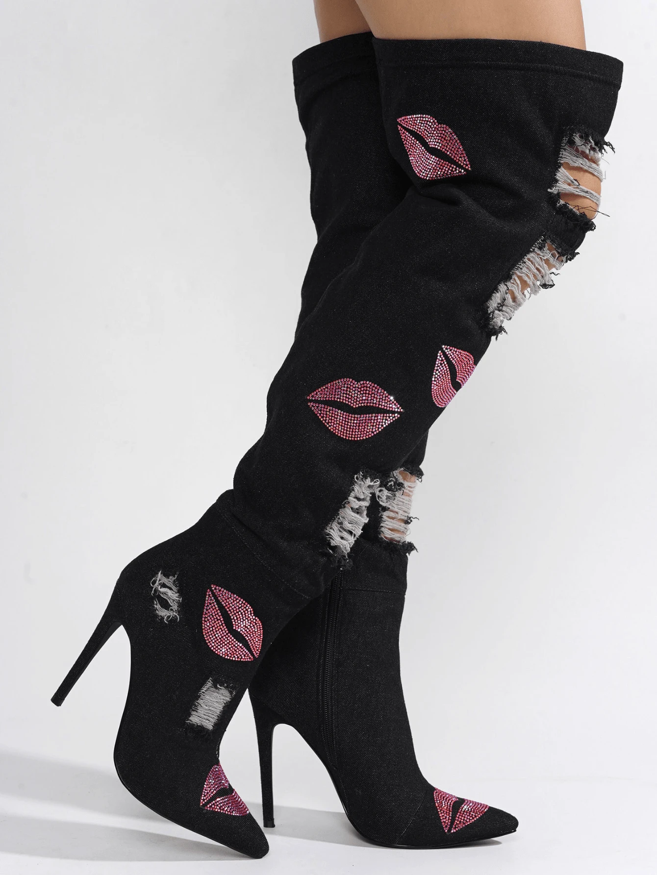 Cape Robbin Barlan Women's Rhinestone Lips Thigh High Denim Boots ...
