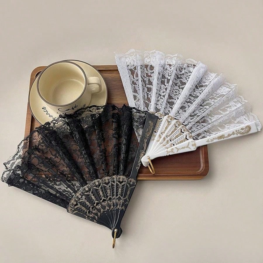 1pc Single Layer Black Lace Fan With Floral Border For Women | SHEIN USA