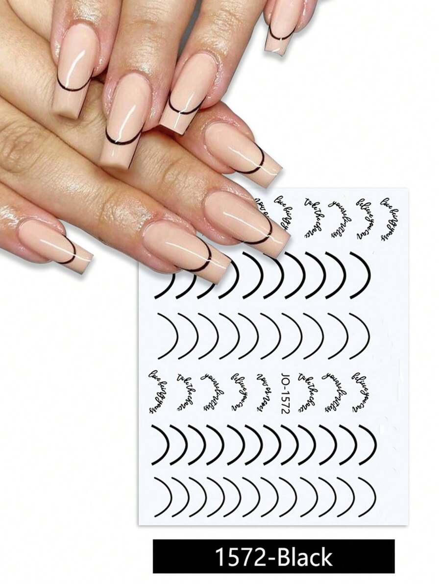 1sheet Black French Line Nail Stickers Black Thorns Curve Stripe Lines ...