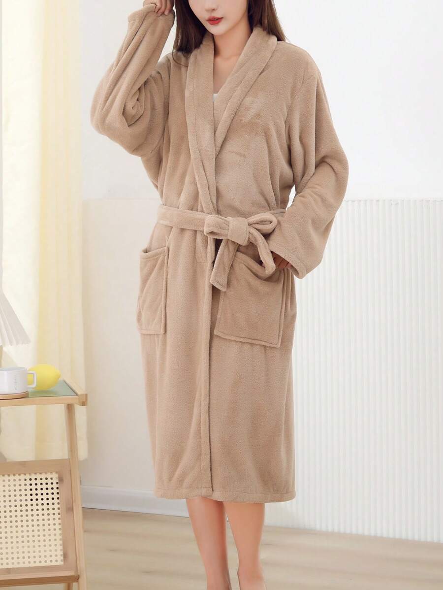 1pc Women'S Shawl-Collar Bathrobe In Deep Coffee Color | SHEIN USA