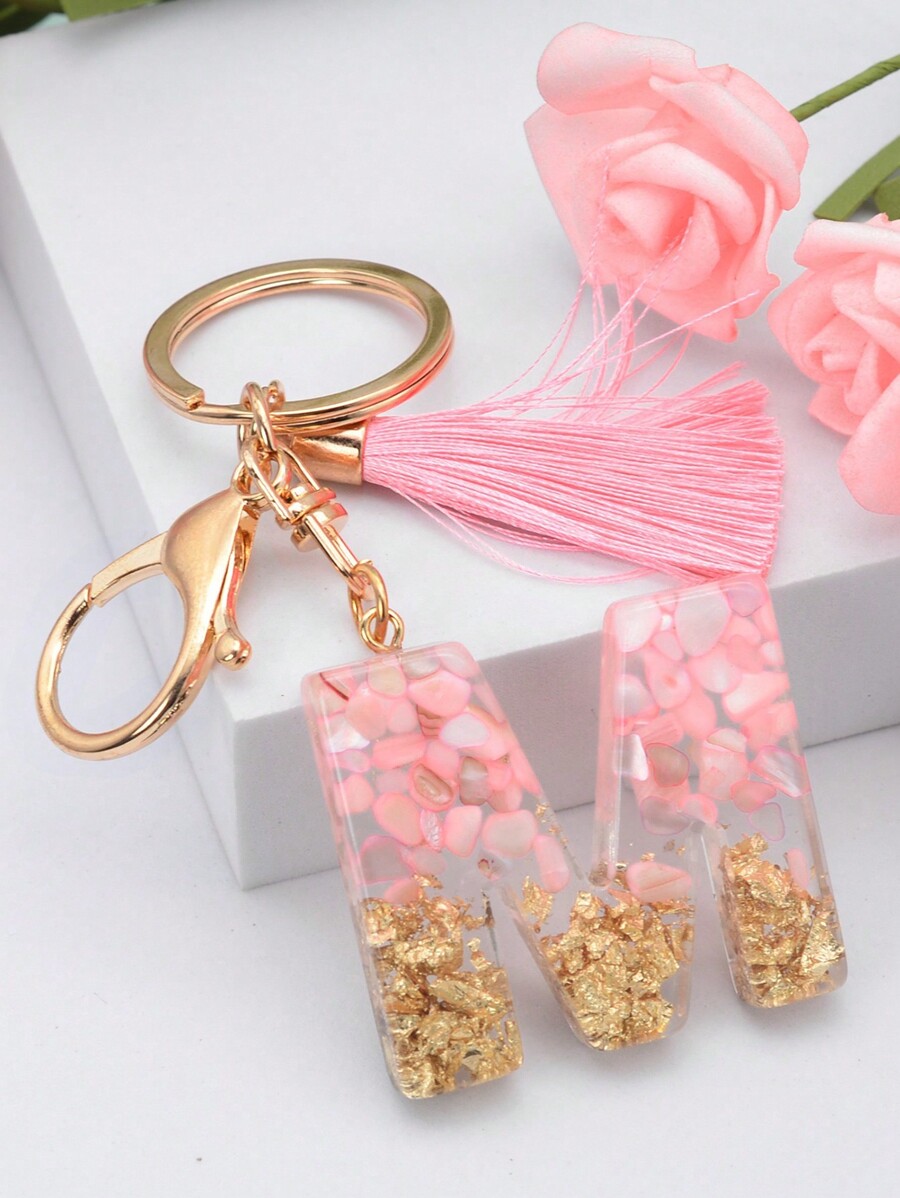 Boho 1pc Ladies' Pink Glitter Tassel Bag Charm With Resin Big Letter M ...