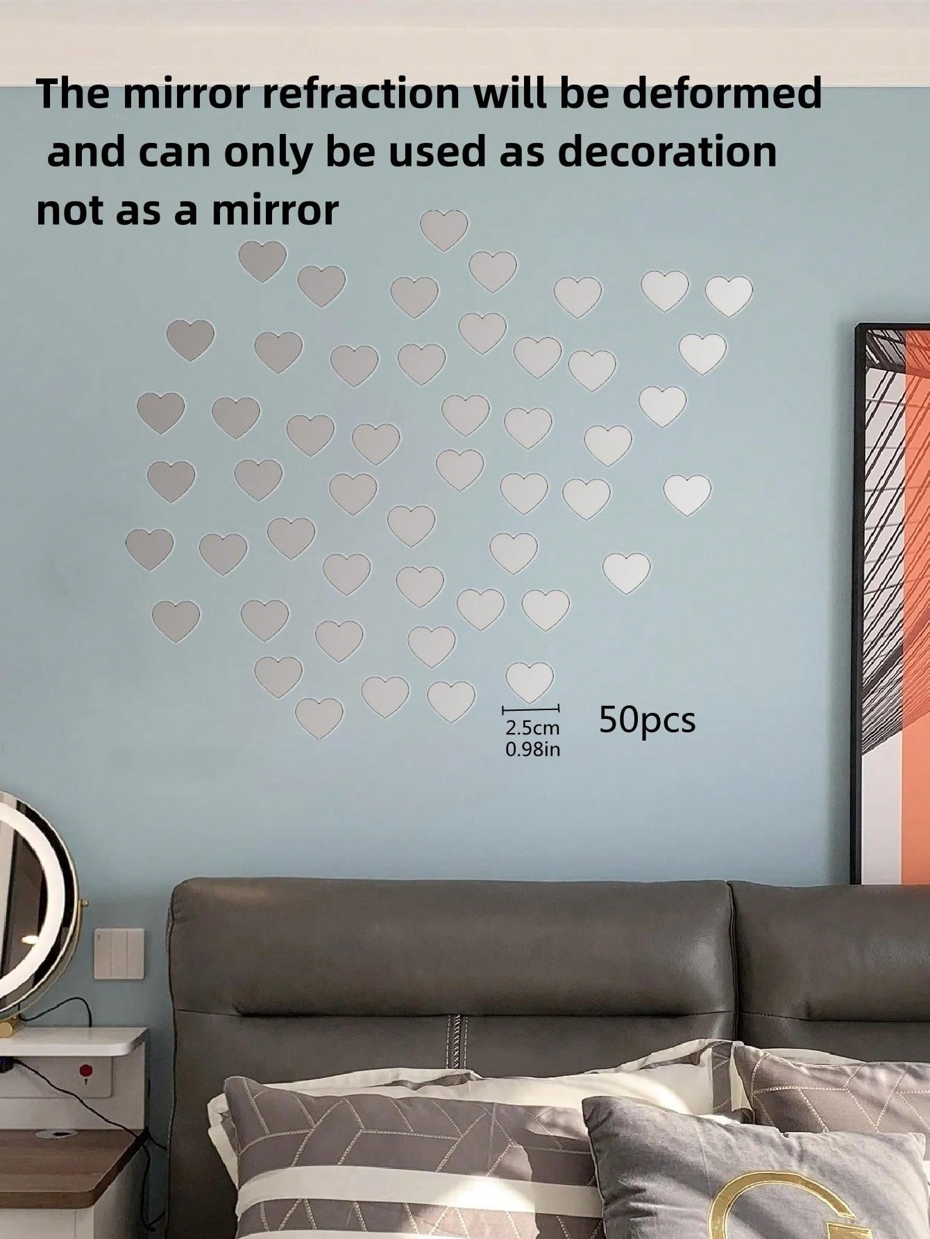 50pcs Mirror Wall Sticker, Silver Heart Shaped Wall Decorative Mirrors ...