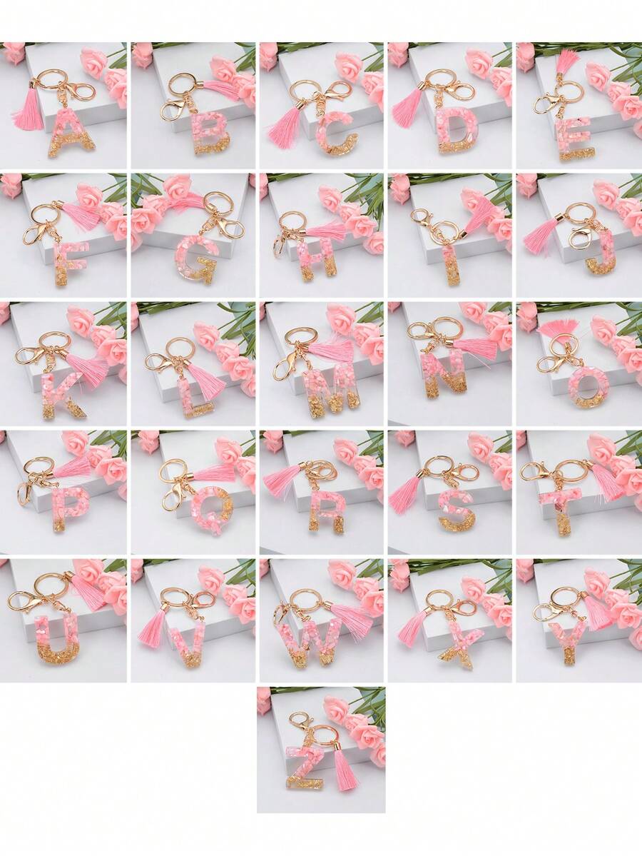 1pc Women's Pink Glitter Tassel Resin Keychain With Uppercase Letter J ...