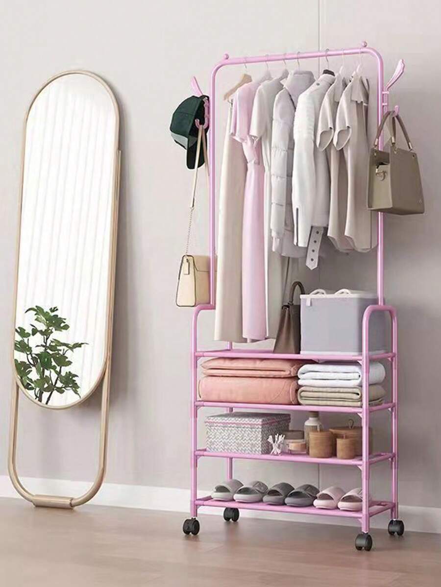 4-layer Pink Clothes & Hat & Shoe Rack With Hooks And Wheels, Floor ...