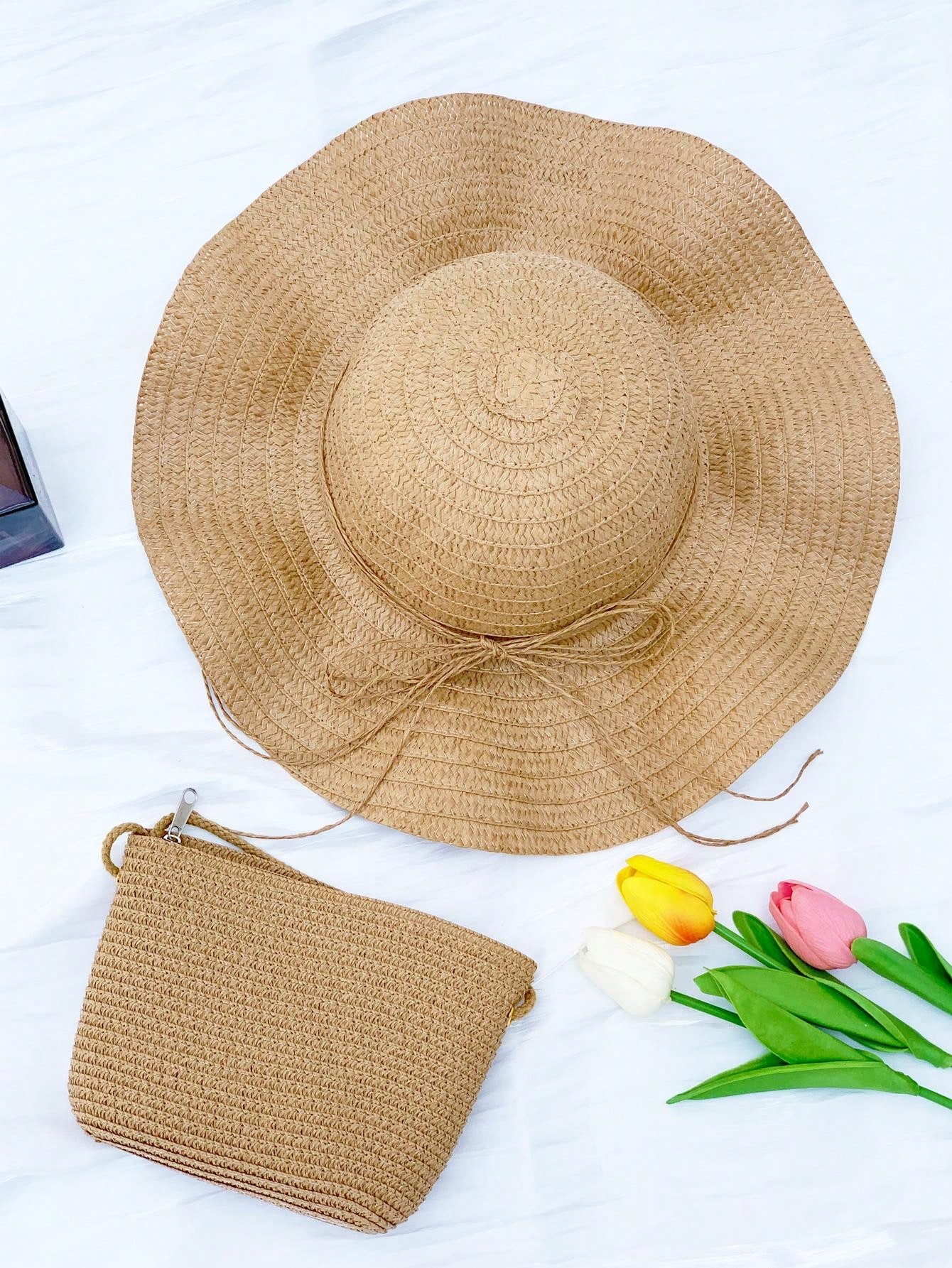 2 Stücke Damen Woven Hut Und Taschen Set, Große Wellige Krempe ...