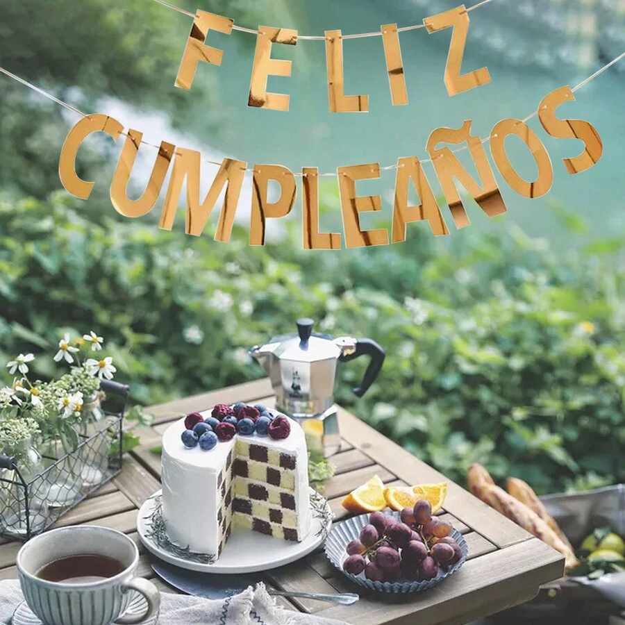 Spanish 'feliz Cumpleanos' Banner With Gold Foil Letters For Birthday ...