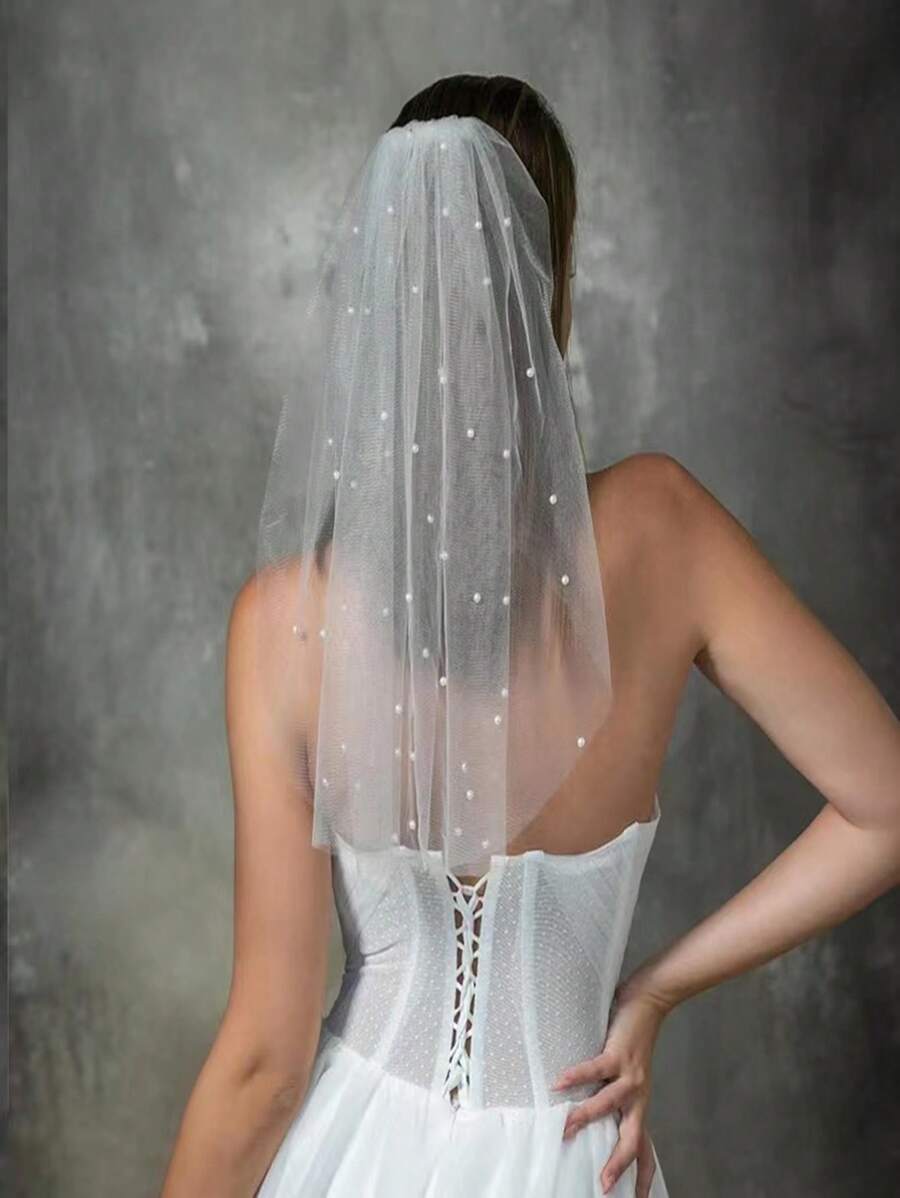 Single-Layer Short Faux Pearl White Wedding Bridal Veil, Simple Style ...