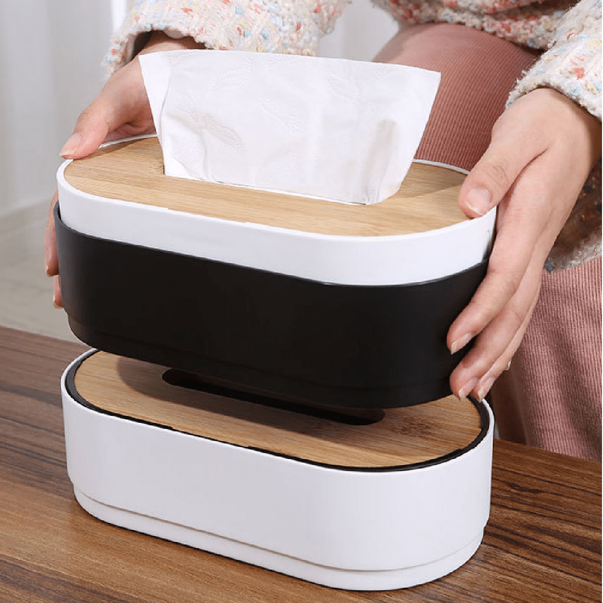 1pc Creative Lift-Up Tissue Box With Wooden Lid For Home Office Living ...