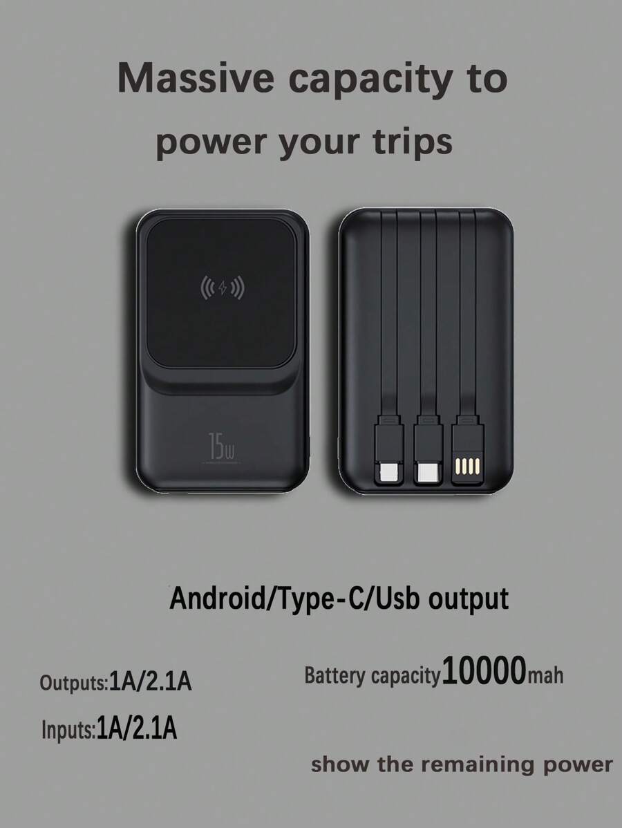 Black 10000mah Portable Wireless Charger With Built-In Three Cables And ...