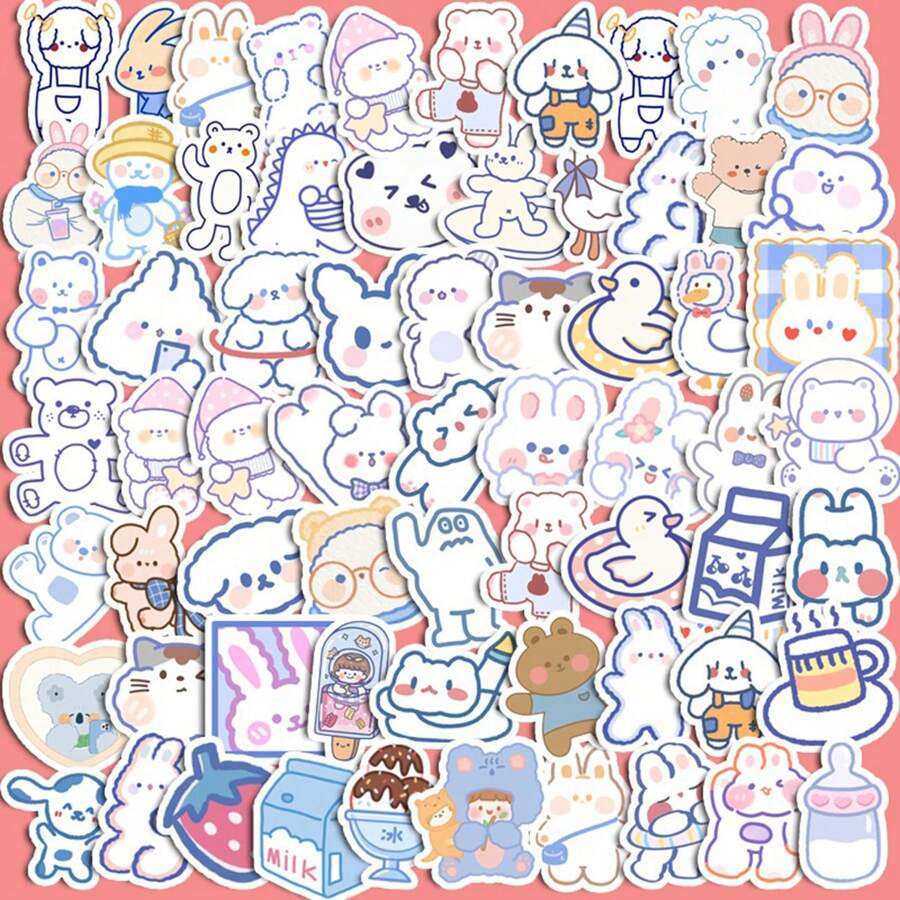 90pcs Cute Line Art Bear & Rabbit Shaped Waterproof Decals Stickers For ...