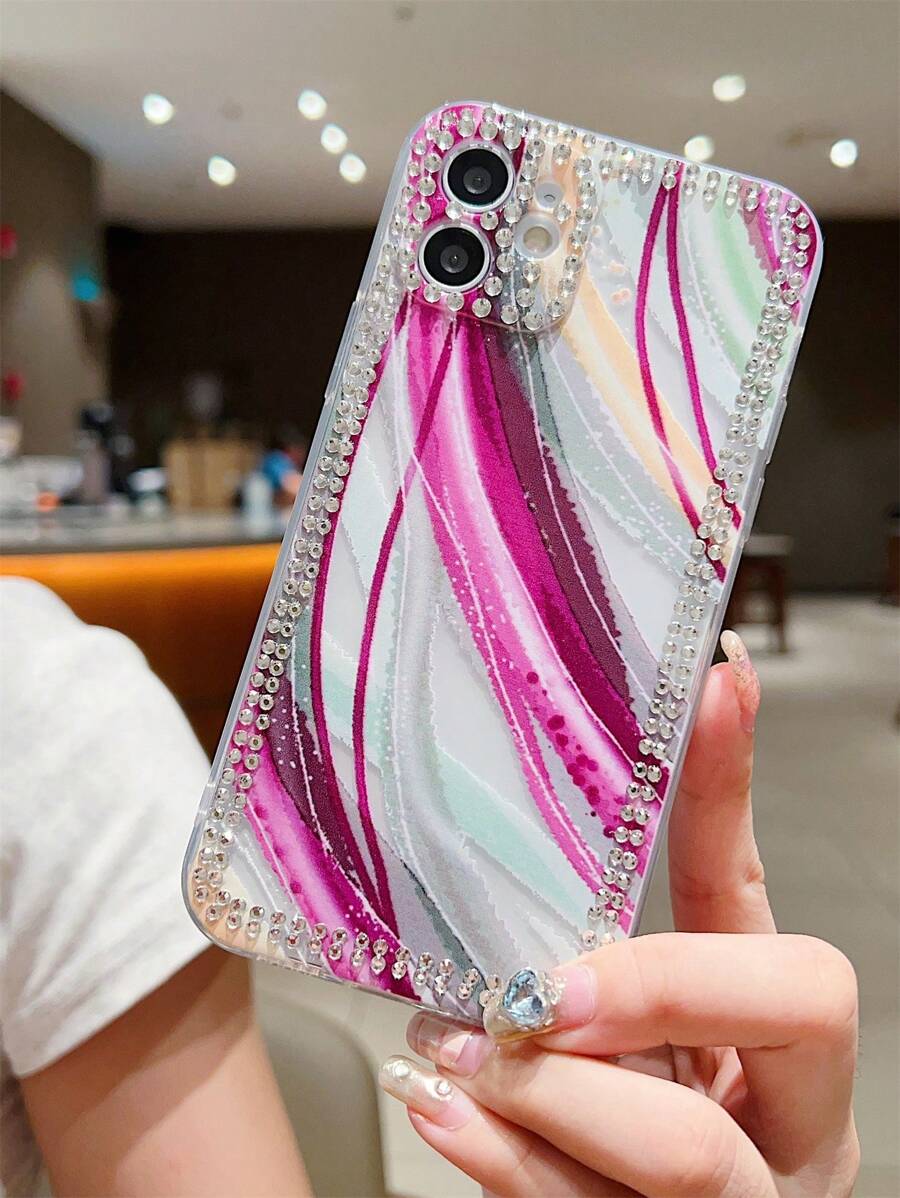 1pc Transparent Tpu Phone Case Decorated With Dual Rhinestones, Pink ...