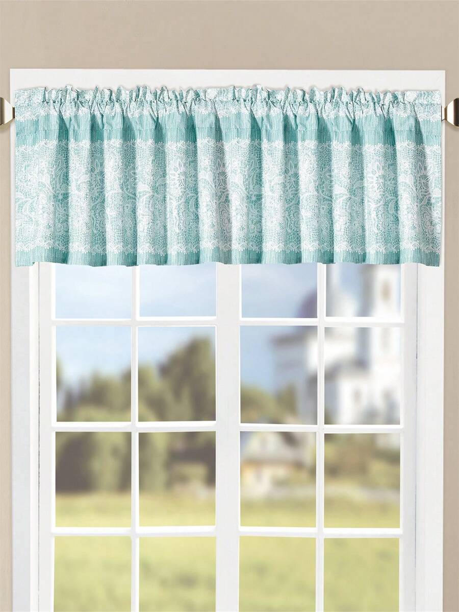 2pcs Teal Aqua White Floral Printed Rod Pocket Valance Set, 60" x 18 ...