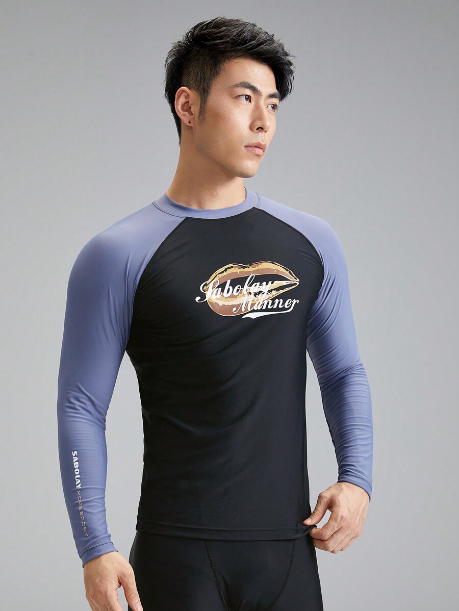 Men's Letter Lips Printed Raglan Long Sleeve Rash Guard for Sale ...