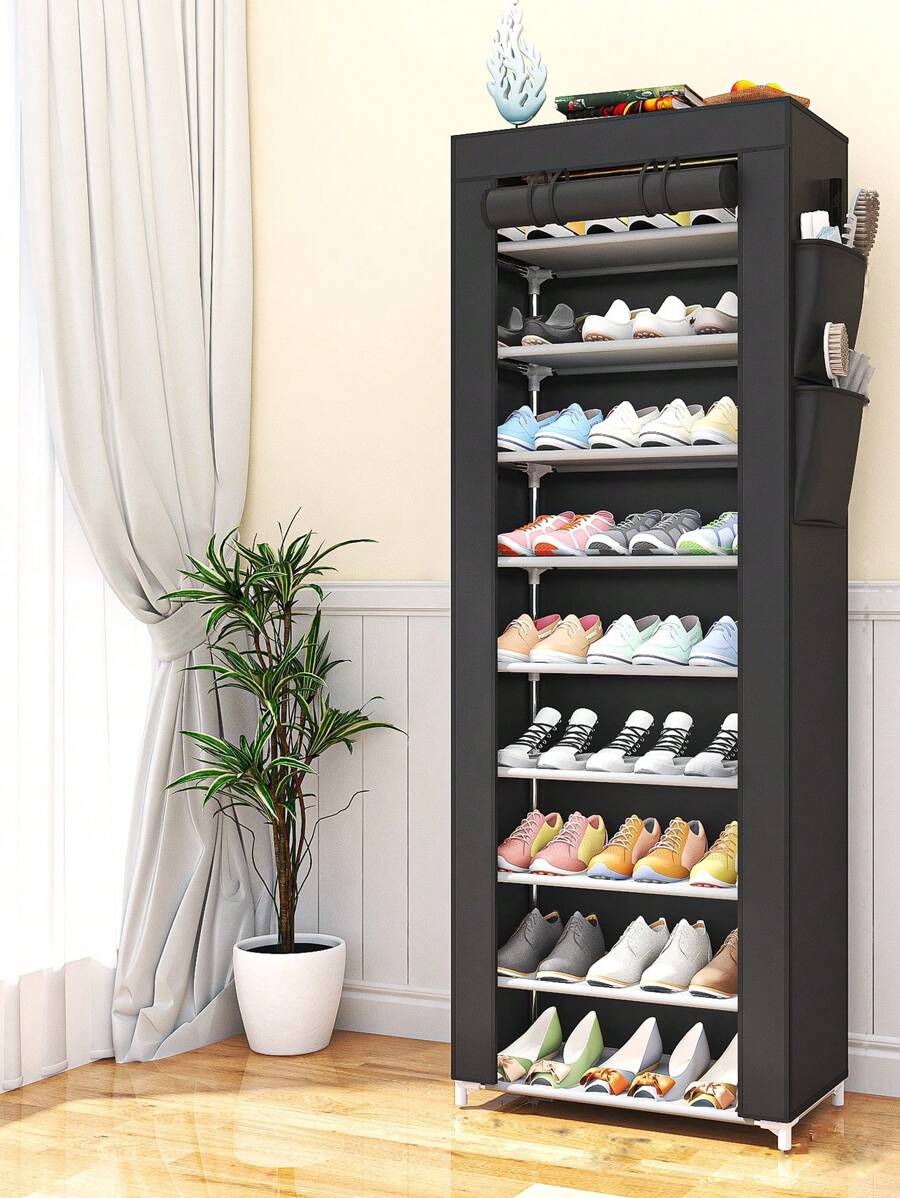 10-Tier Gray Color Shoe Rack With Dust-Proof & Fabric Cover, Easy To ...