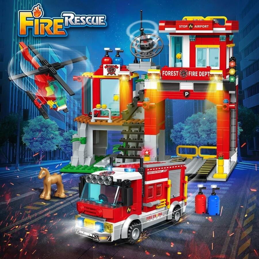 Fire Station Building Kits for Kids with Fire Truck & Rescue Helicopter ...