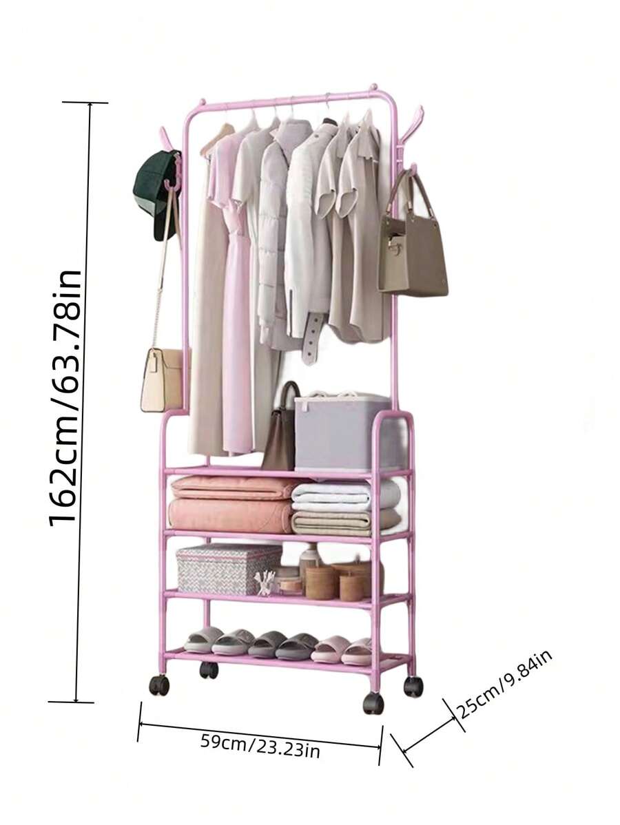 4-layer Pink Clothes & Hat & Shoe Rack With Hooks And Wheels, Floor ...