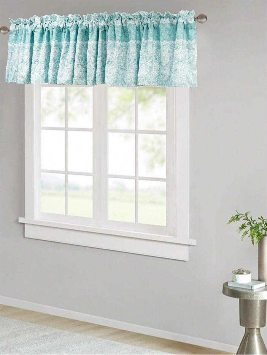 2pcs Teal Aqua White Floral Printed Rod Pocket Valance Set, 60" x 18 ...