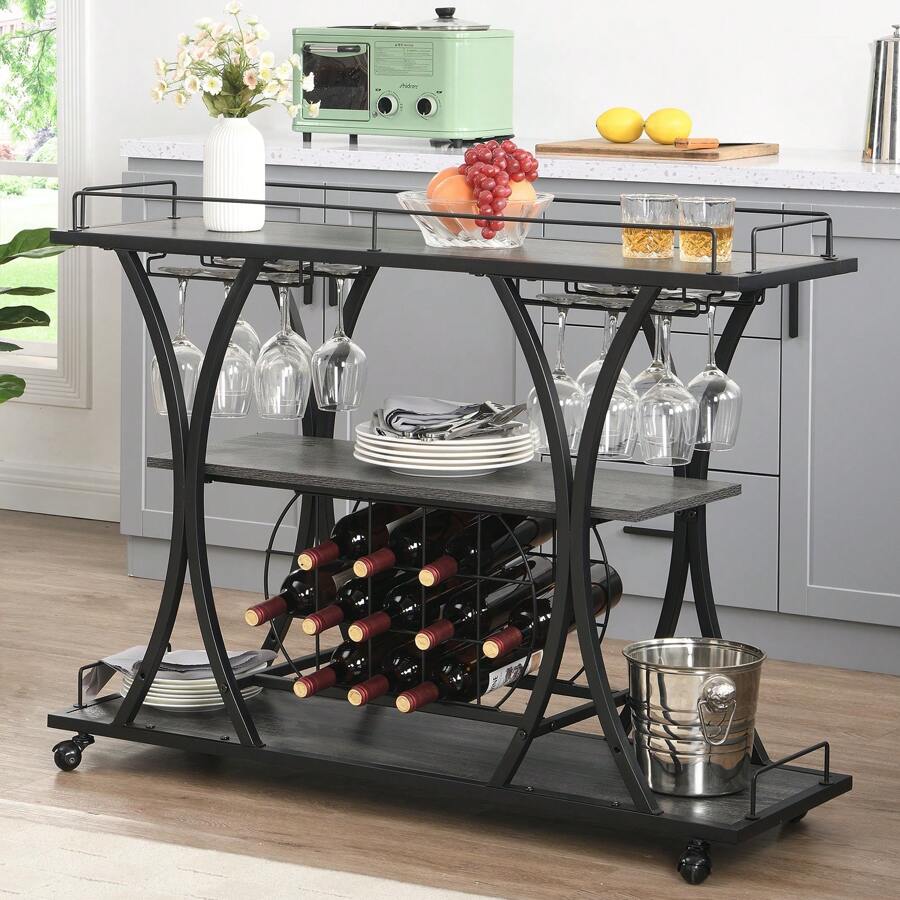 Industrial Serving Bar Cart with Storage,3 Tier Shelf Wooden Metal ...