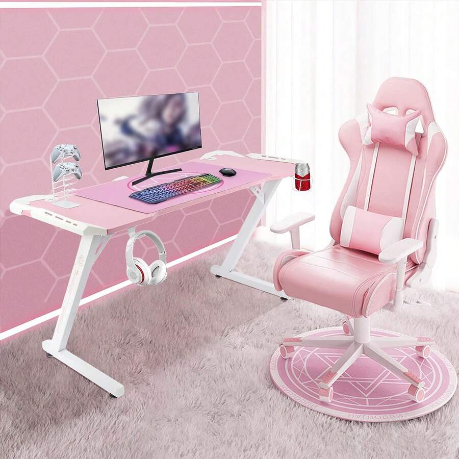 55 Inch Pink Gaming Desk, Gaming Computer Desk with RGB LED Light ...