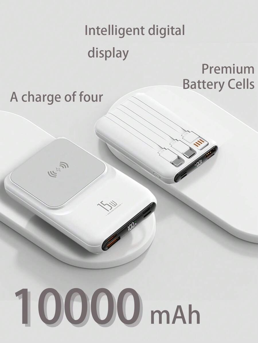 White 10000mah Portable Wireless Power Bank With Built-In 3 Cables And ...