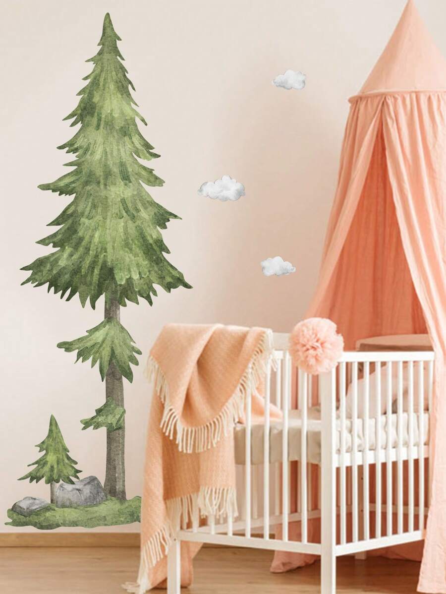 1 Set Of 4 Watercolor Style Large 215cm Tall Pine Tree & Cloud Home ...