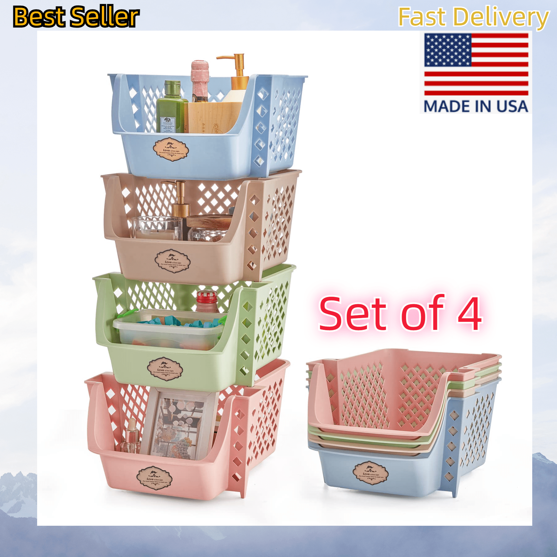 House Day Plastic Storage Bins Set Of 4, Stackable Storage Containers ...