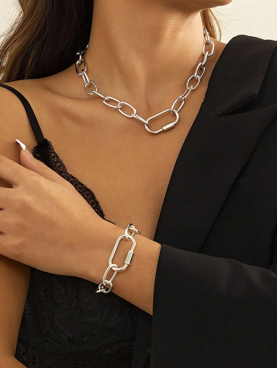 1set Minimalist Hollow Out Thick Chain Necklace And Bracelet Set, Women ...