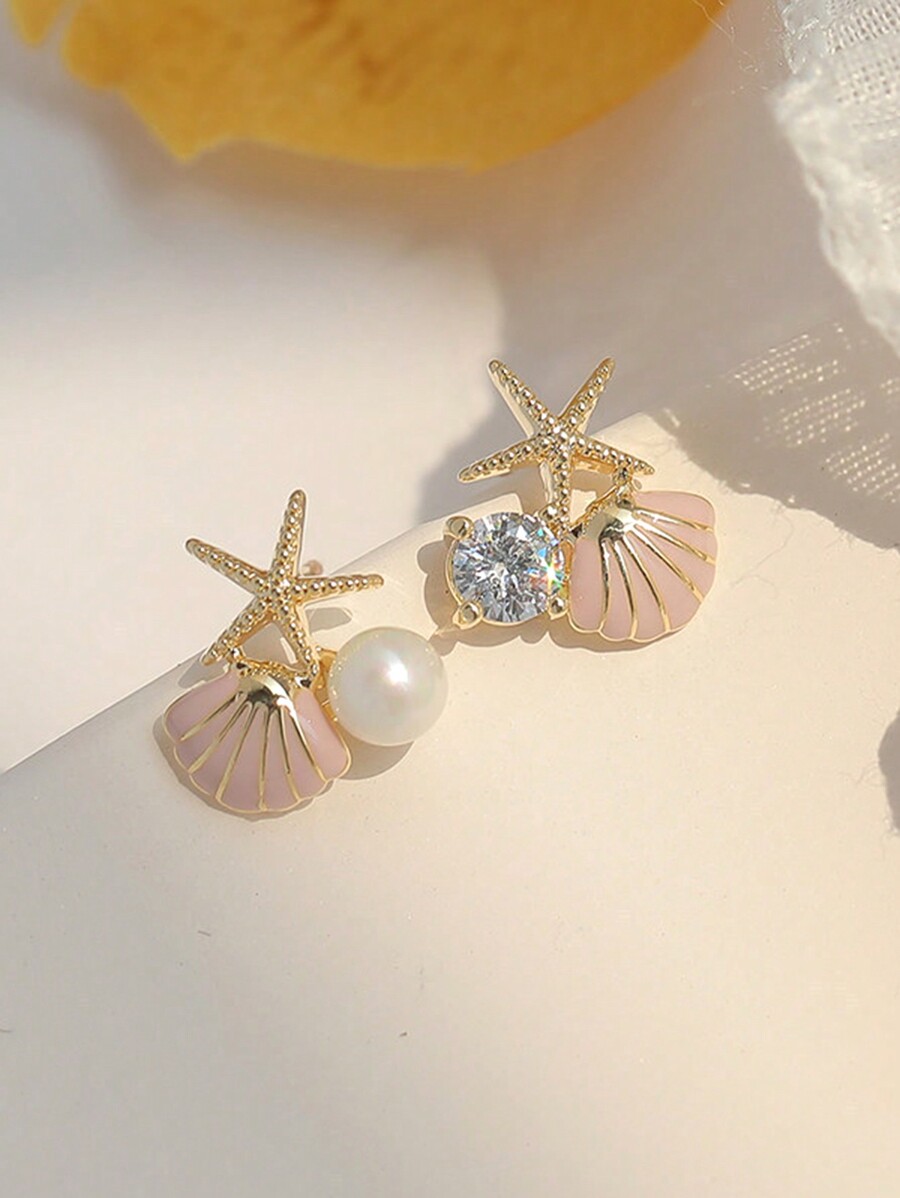 1 Pair Left&Right Starfish & Shell Decor Beach Party Earrings,Ocean ...