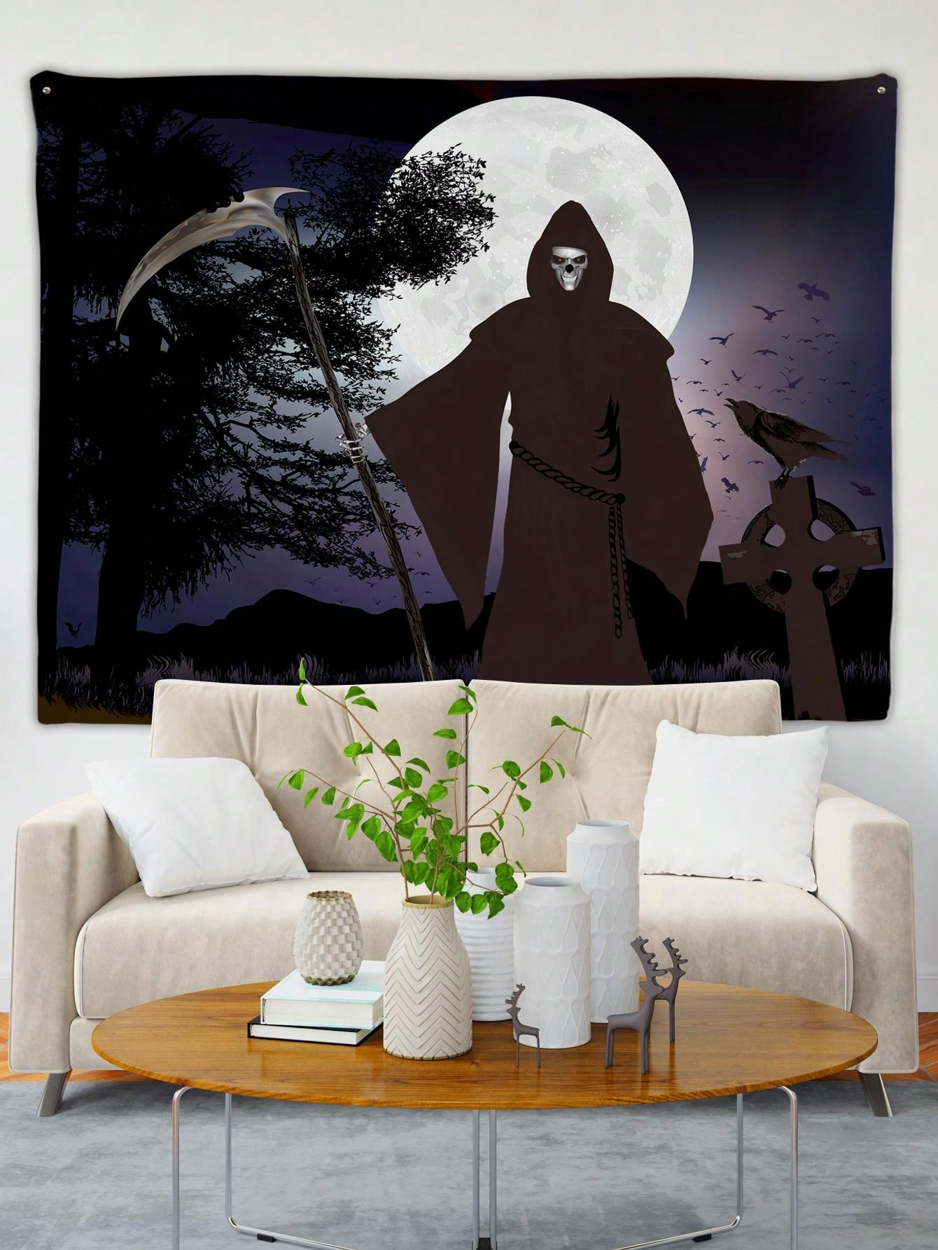 Halloween Haunted Mansion Moon & Skeleton & Ghost Print Tapestry ...