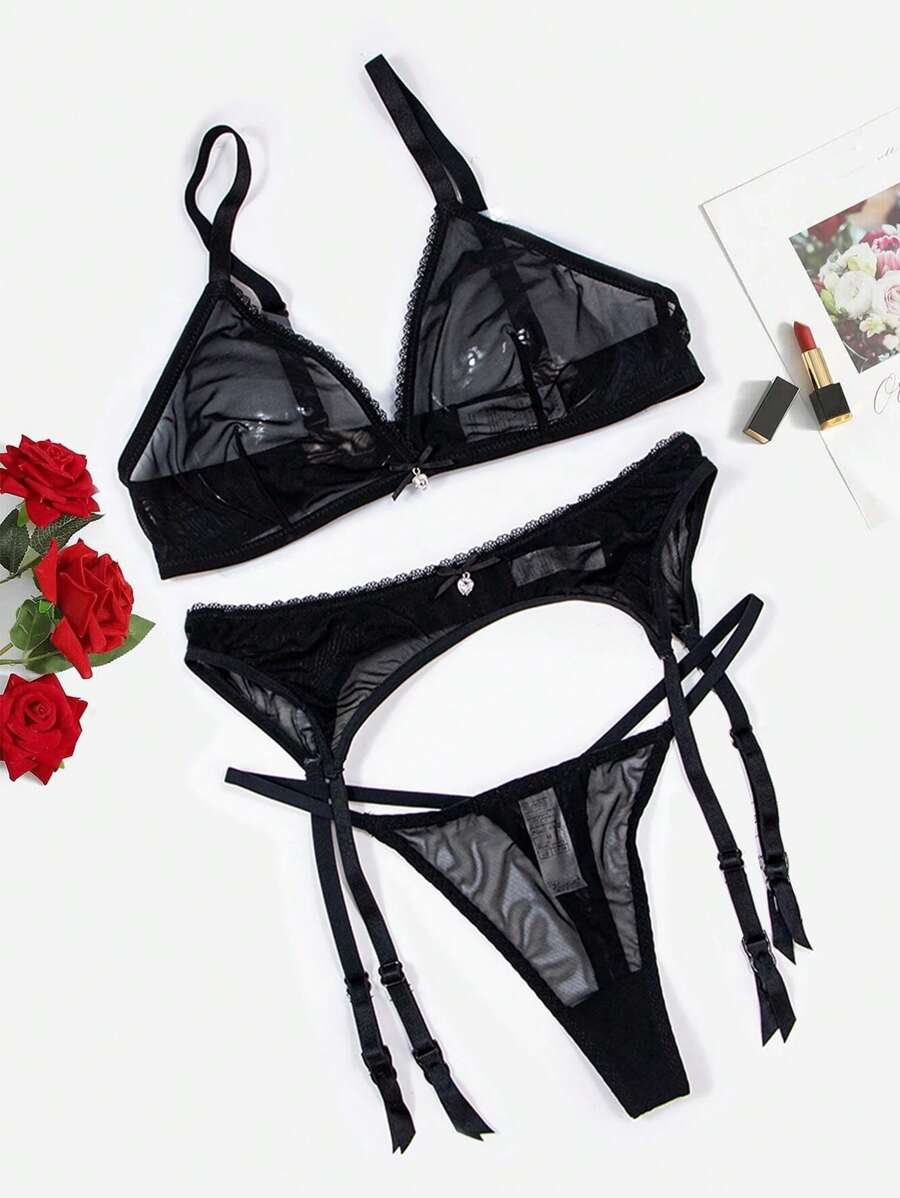 Womens Lace Semi See Through Decorative Bra Garter Belt Thong Set