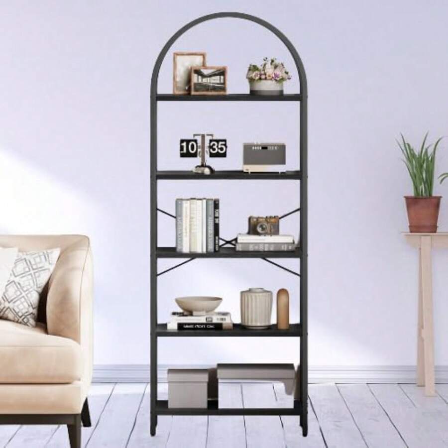 Open Bookshelf, 5-Tier Arched Bookcase with Metal Frame and Wood Boards ...