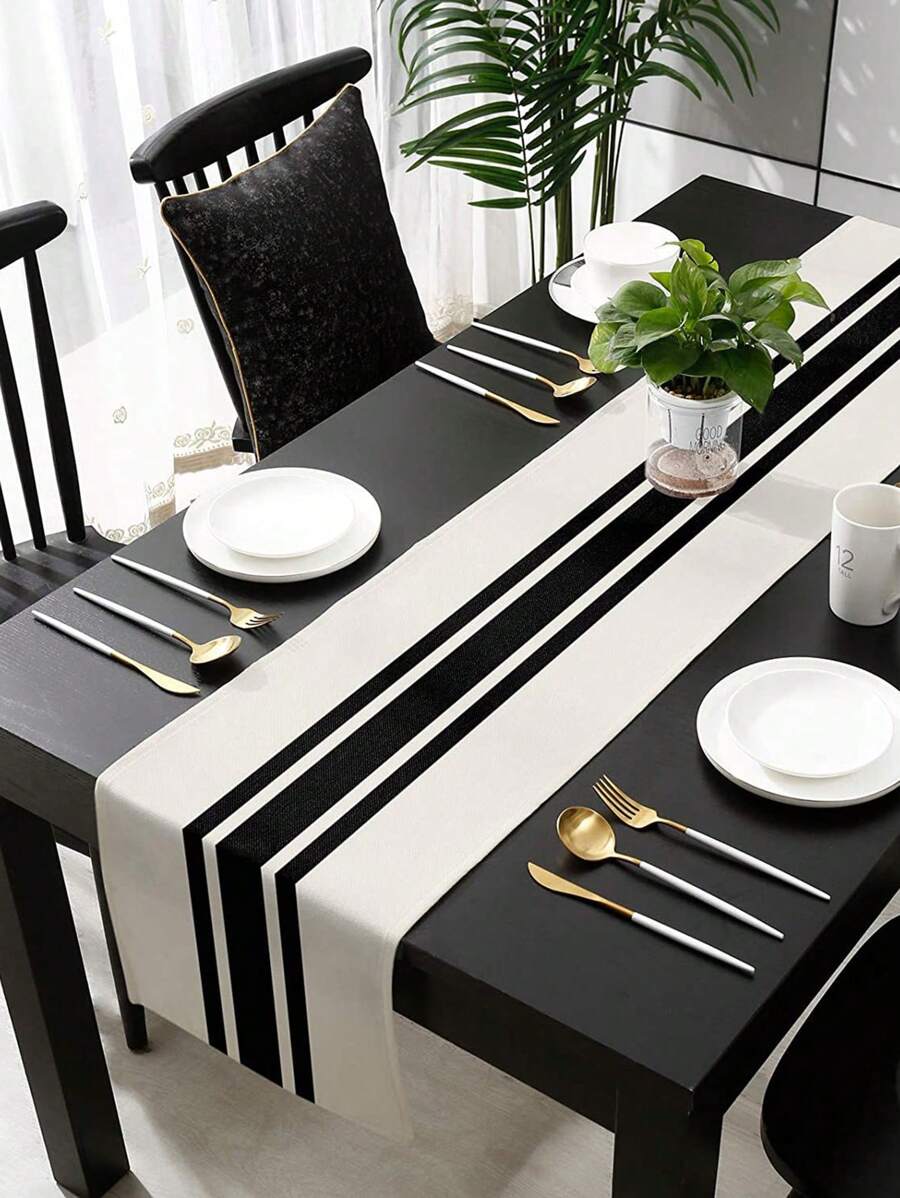 1pc Black And White Striped Table Runner | SHEIN USA