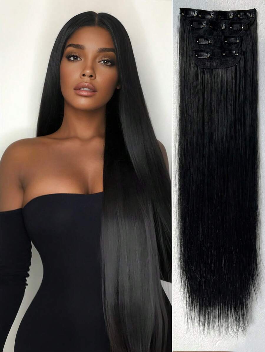 black Hair Extension 22 Inch Long Natural straight Wave Heat Resistant ...