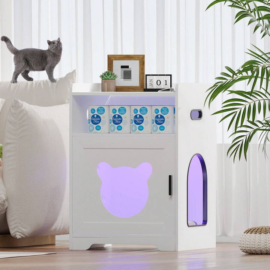 Cat Litter Box Enclosure with Light, Modern Cat House Storage Cabinet ...