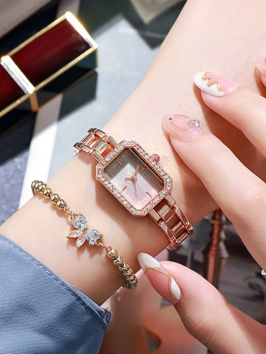 1pc Ladies' Fashionable Quartz Watch With Rhinestone Decor Square Dial ...