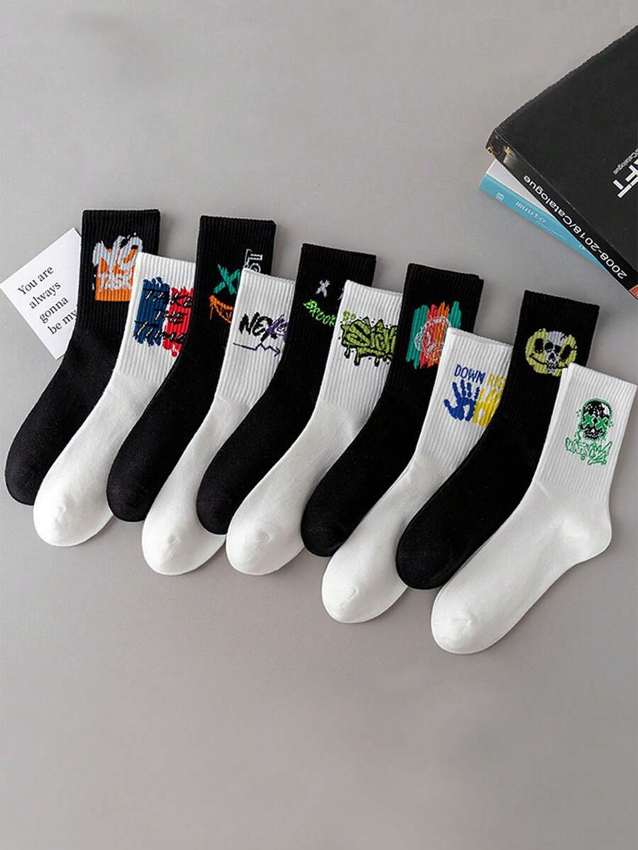 10 Pairs Random Style Black & White Unisex Trendy Graffiti Design Mid ...
