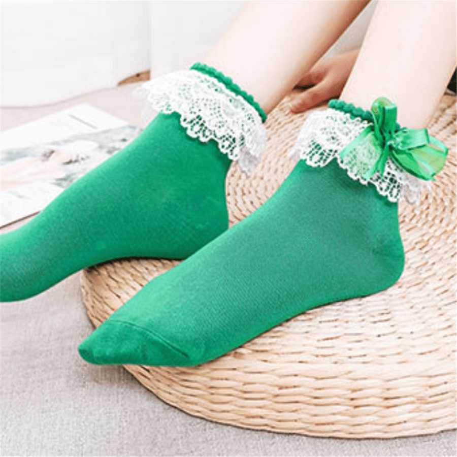 4 Pairs Lolita Lace Frilly with Bow Women Ankle Socks Dopamine Kawaii ...
