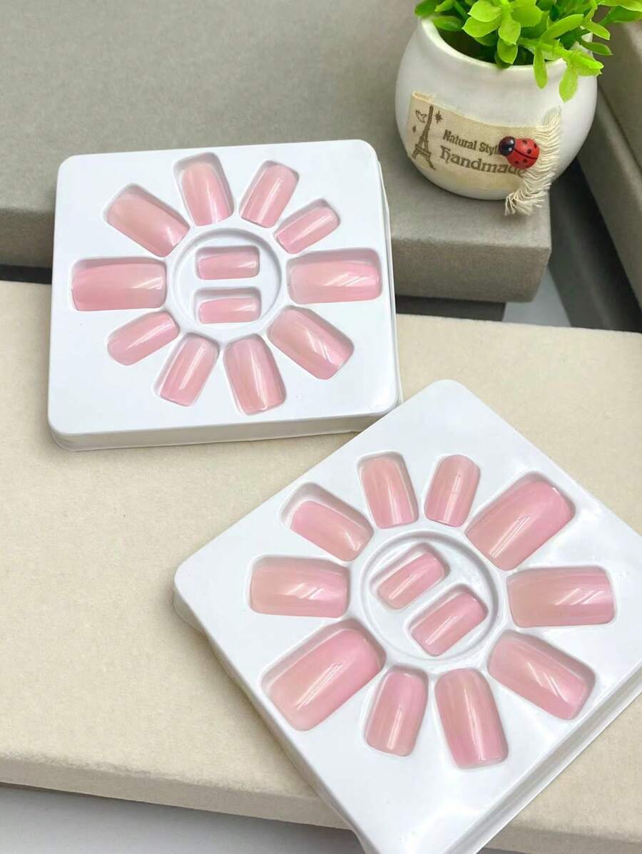 12pcs Pink European & American Style Medium-long Square False Nails ...